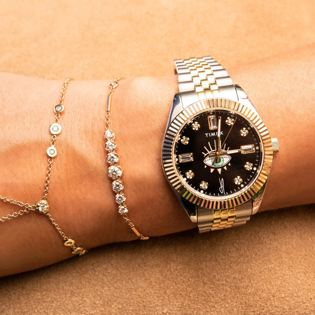 TIMEX x Jacquie Aiche Legacy Yellow Gold Two-Tone Sunray Evil Eye Watc ...